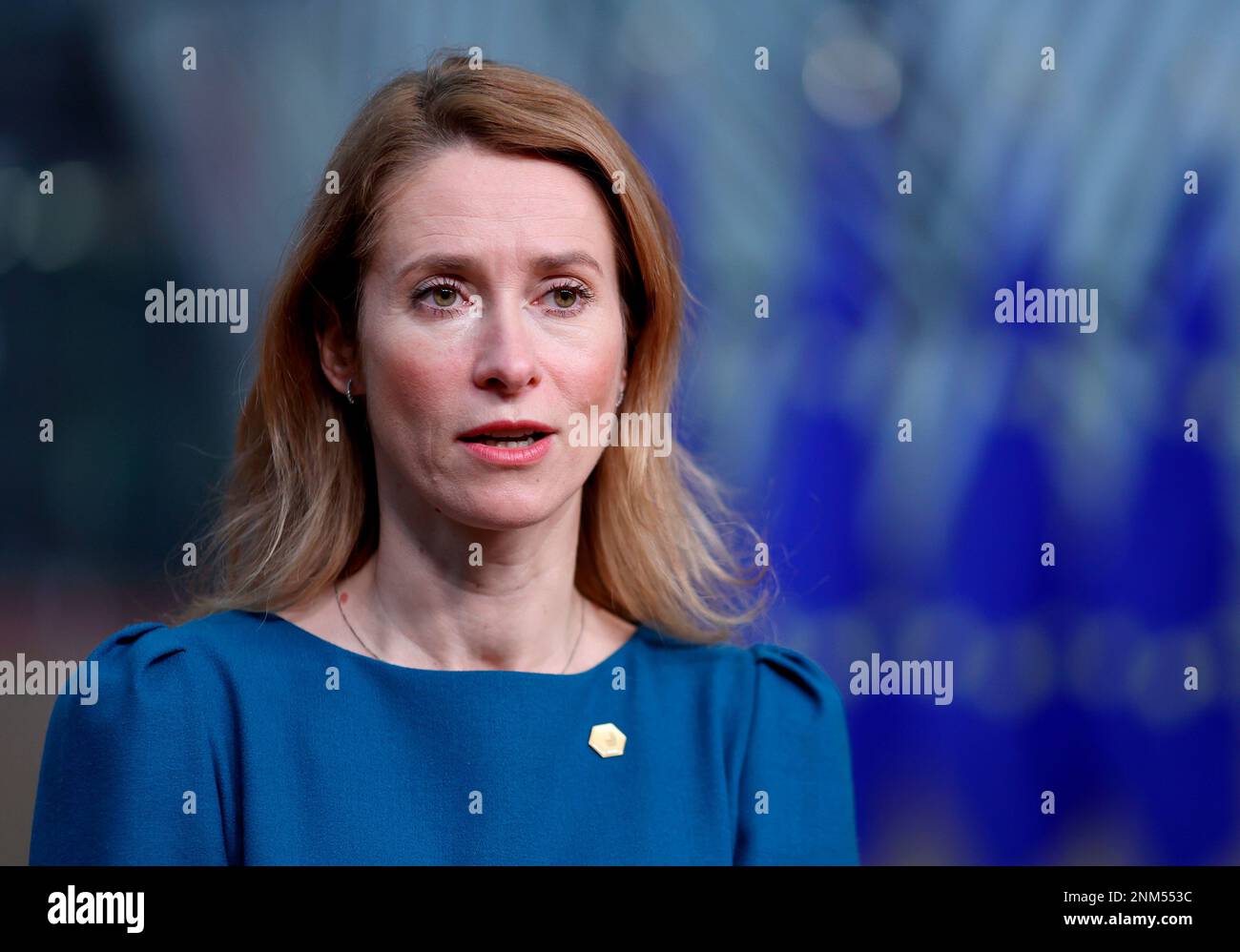 Estonia's Prime Minister Kaja Kallas speaks with the media as she ...