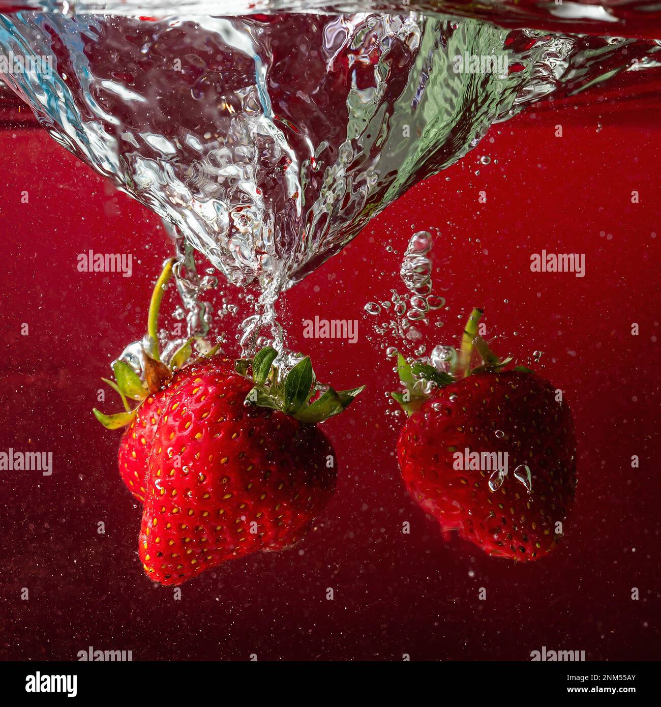 ripe strawberries fall into the water lifting splashes and air bubbles ...