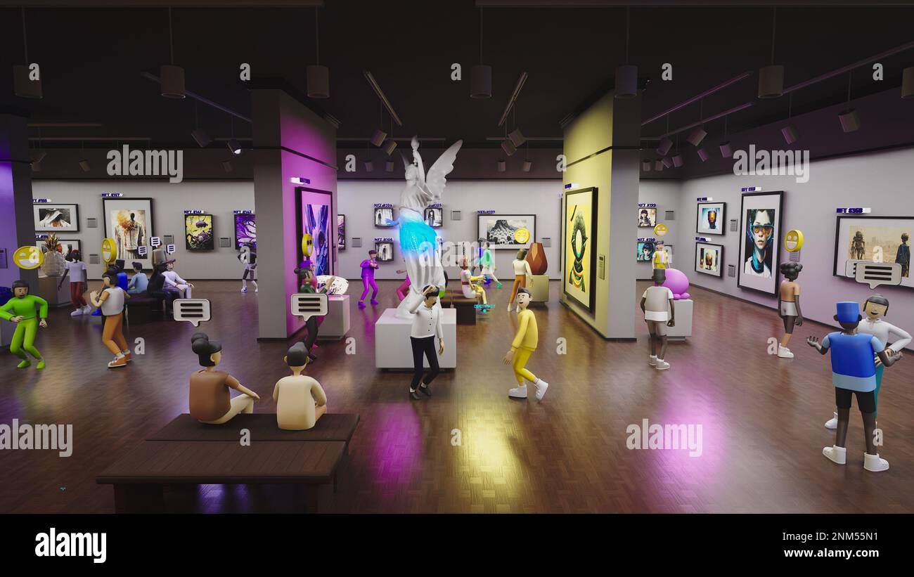 3D Render of Exhibition of NFT pictures in meta universe. 3D avatars ...