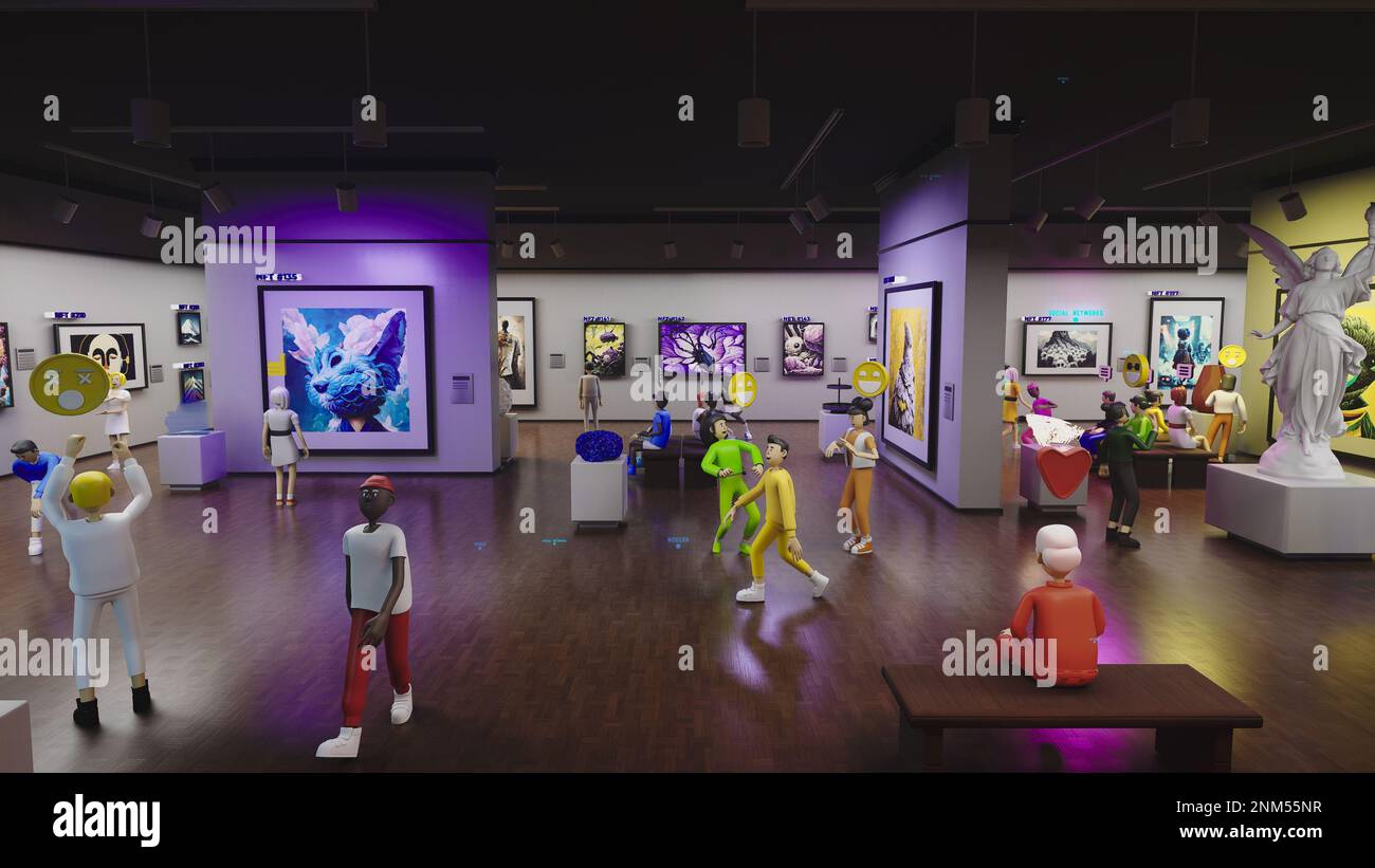 3D Render of Exhibition of NFT pictures in meta universe. 3D avatars ...