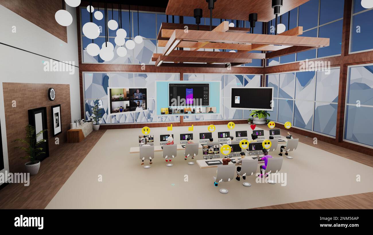 3D render of business conference in futuristic virtual office. 3D ...