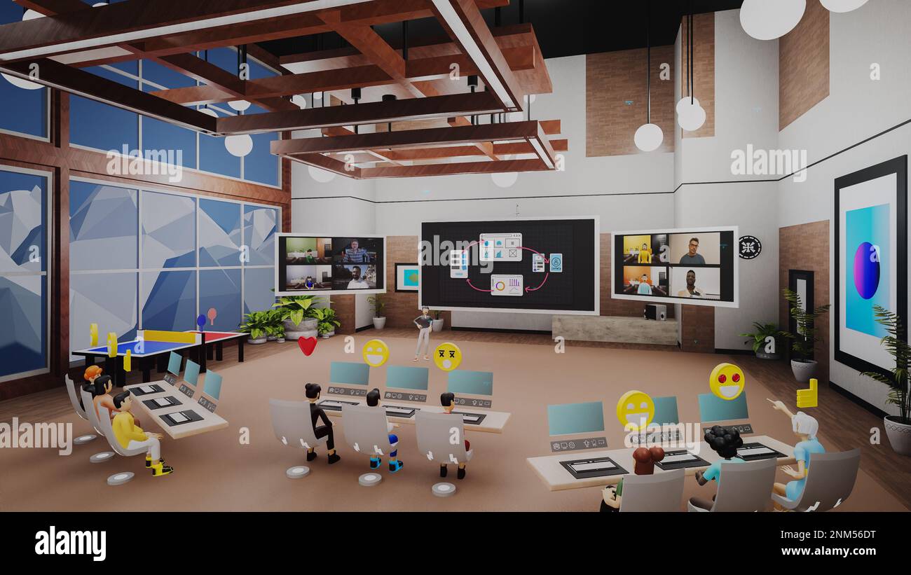 3d render of business conference in futuristic virtual office. 3D ...