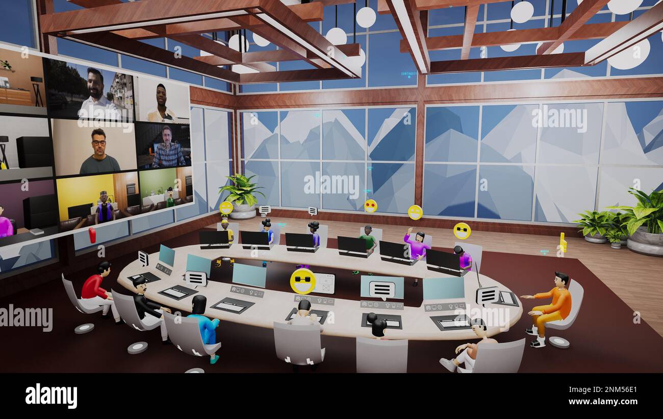 3D render of business meeting in futuristic virtual office with ...
