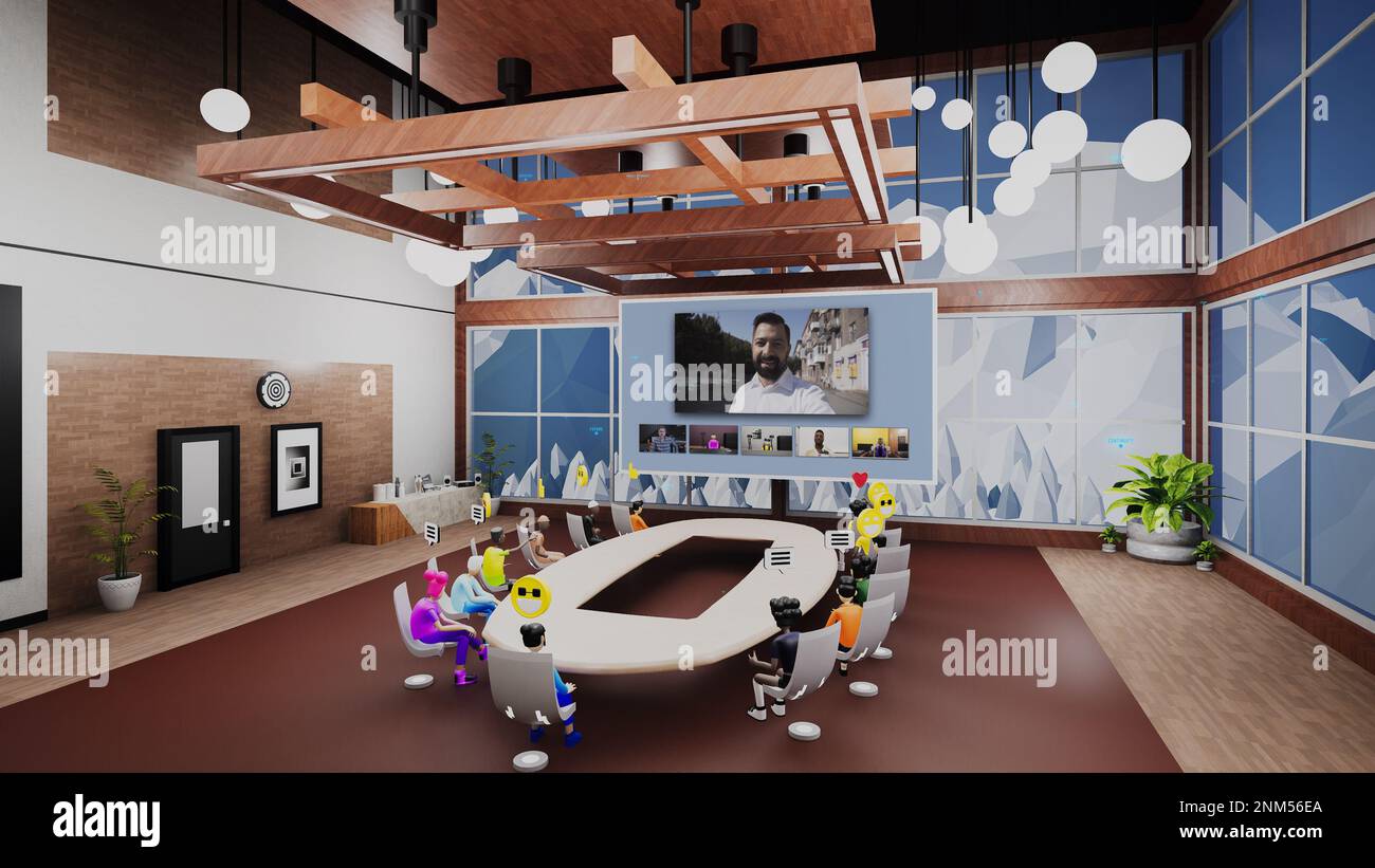 3D render of avatars with icons have video call with CEO and discuss business product. Business ...