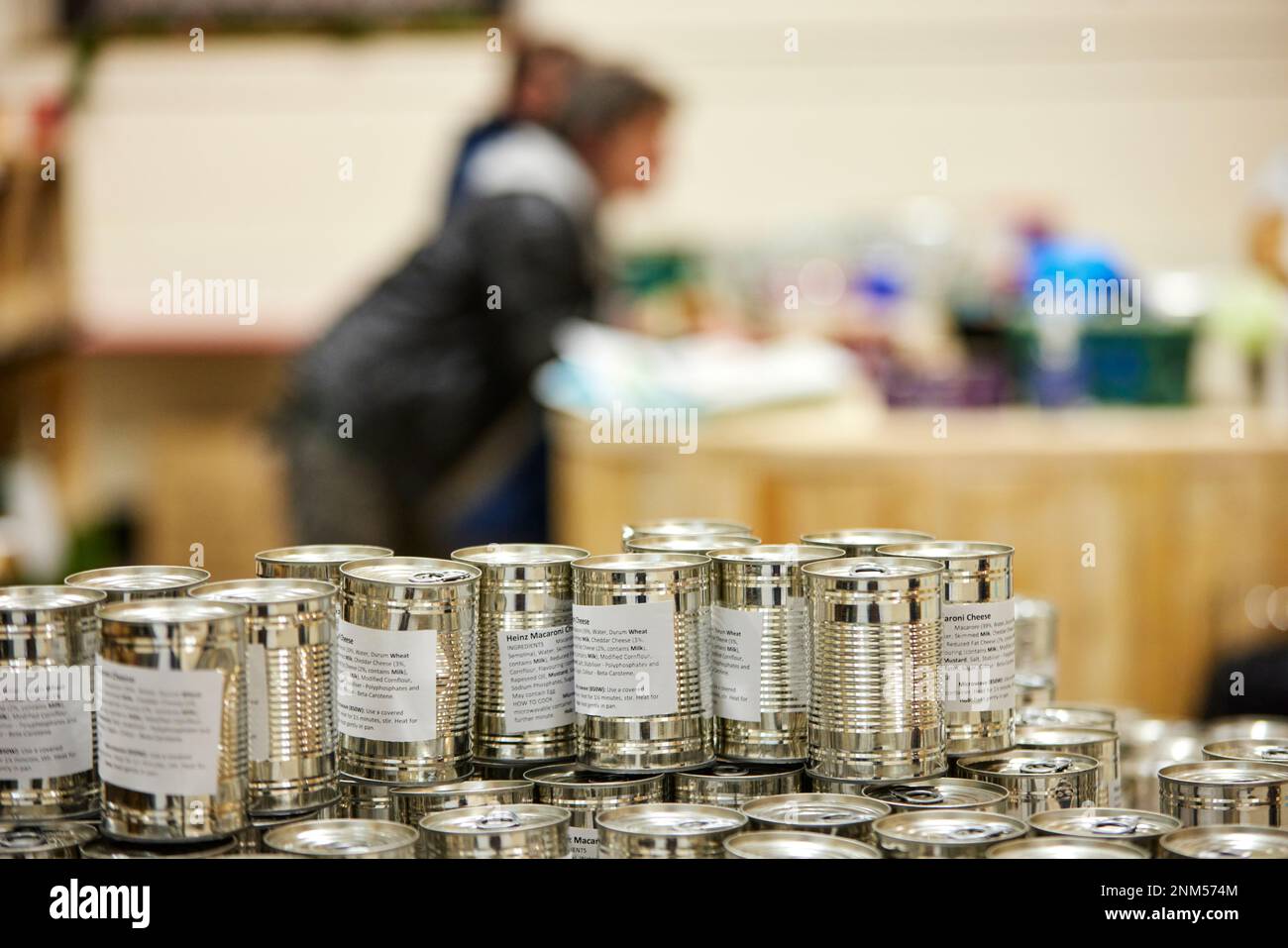 no Label Heinz macoroni tins in a foodbank Stock Photo - Alamy