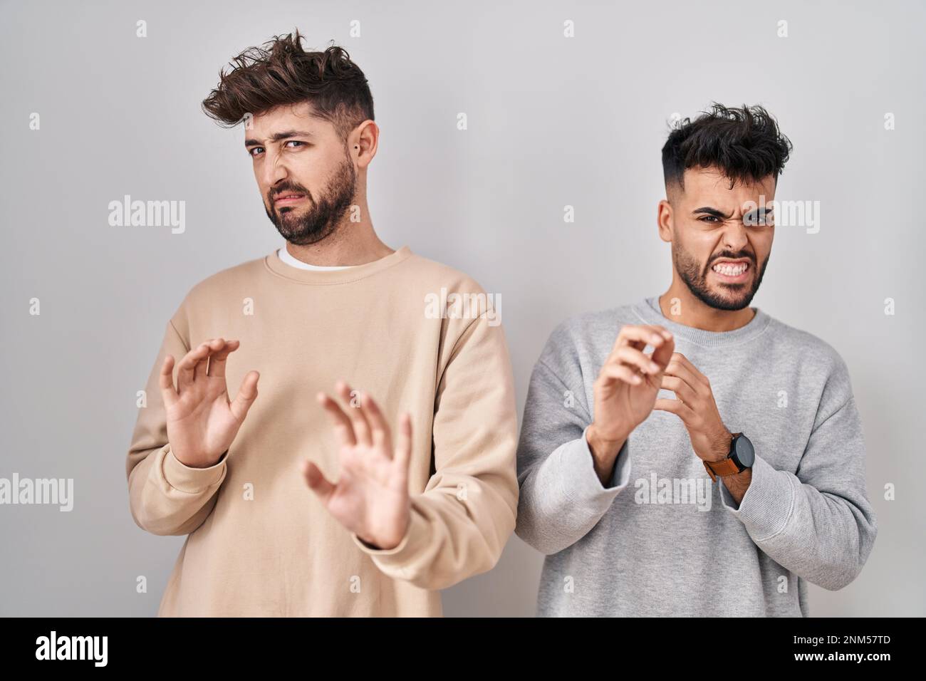 Young homosexual couple standing over white background disgusted ...