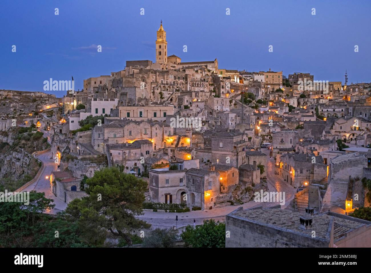 View over the Sassi di Matera complex of cave dwellings at night in the ...
