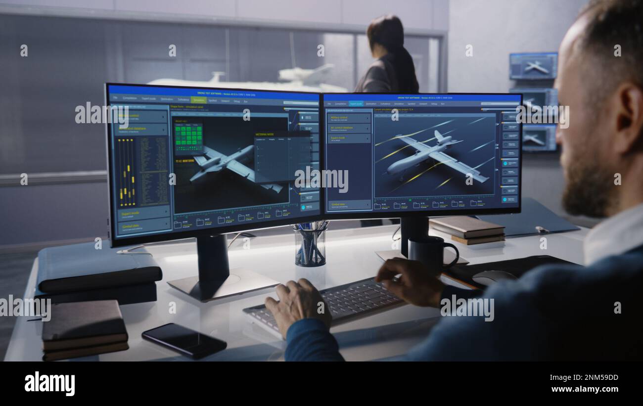 Engineers check aerodynamics of new development drone in laboratory for modern modifications ...