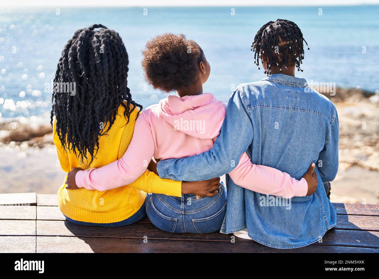 African american friends hugging each other on back view at seaside ...