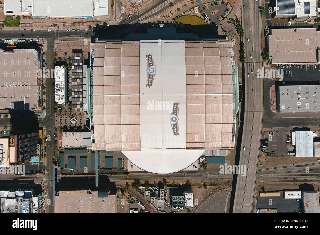 An aerial view of Chase Field, Tuesday, March 2, 2021, in Phoenix. The ...