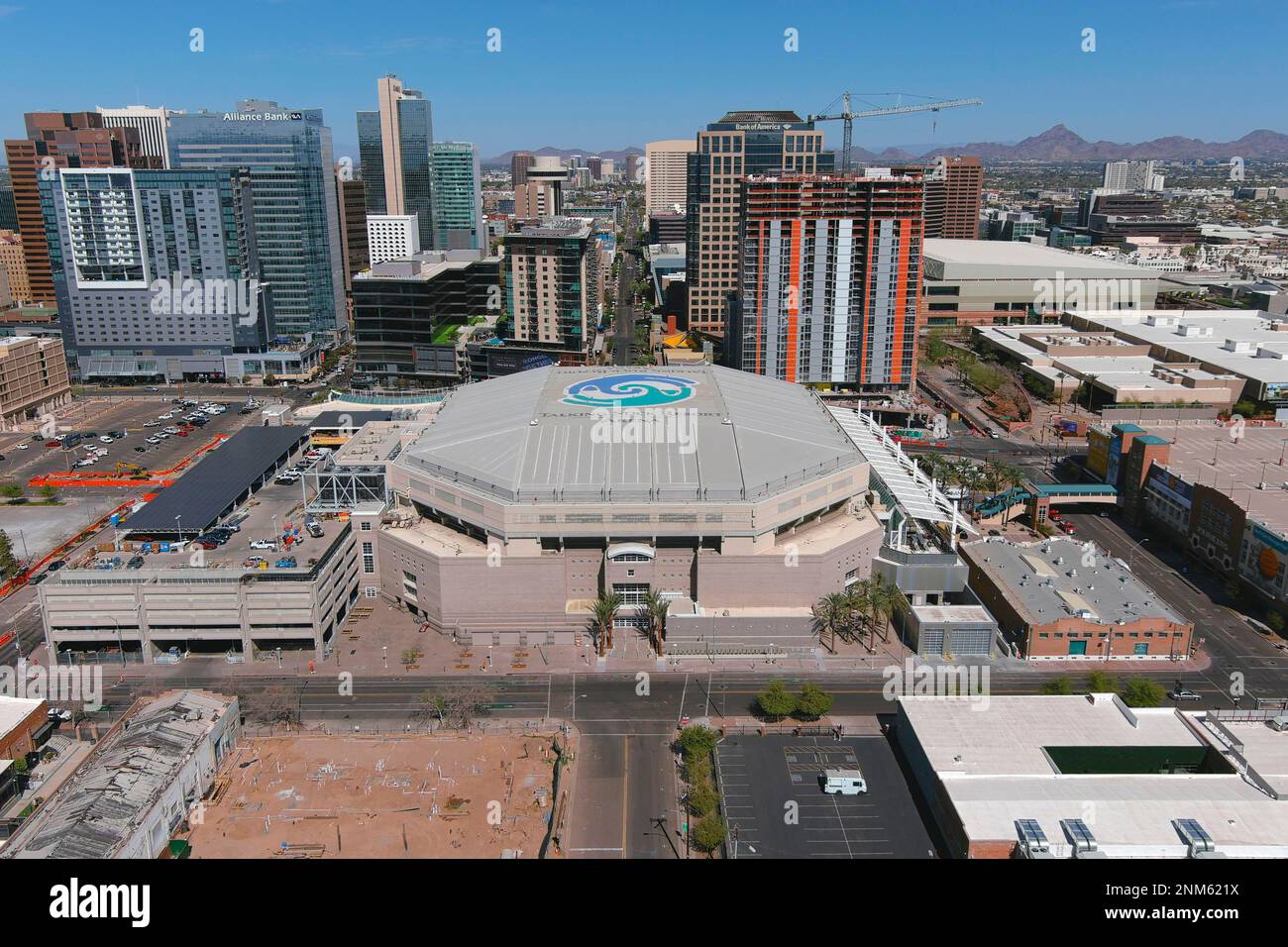 An aerial view of the Footprint Center and downtown skyline, Tuesday ...