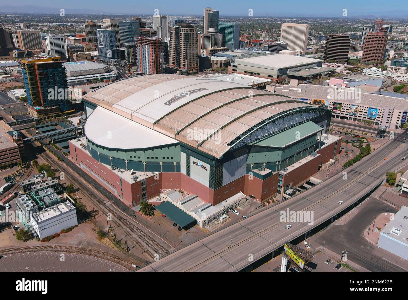 An aerial view of Chase Field and the downtown skyline, Tuesday, March ...