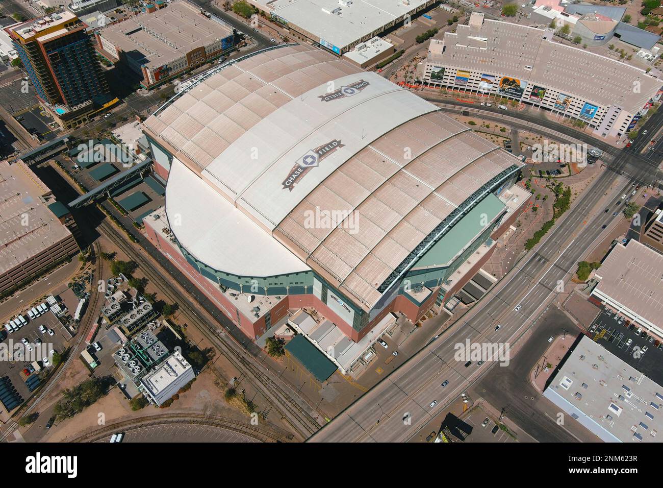 An aerial view of Chase Field, Tuesday, March 2, 2021, in Phoenix. The ...
