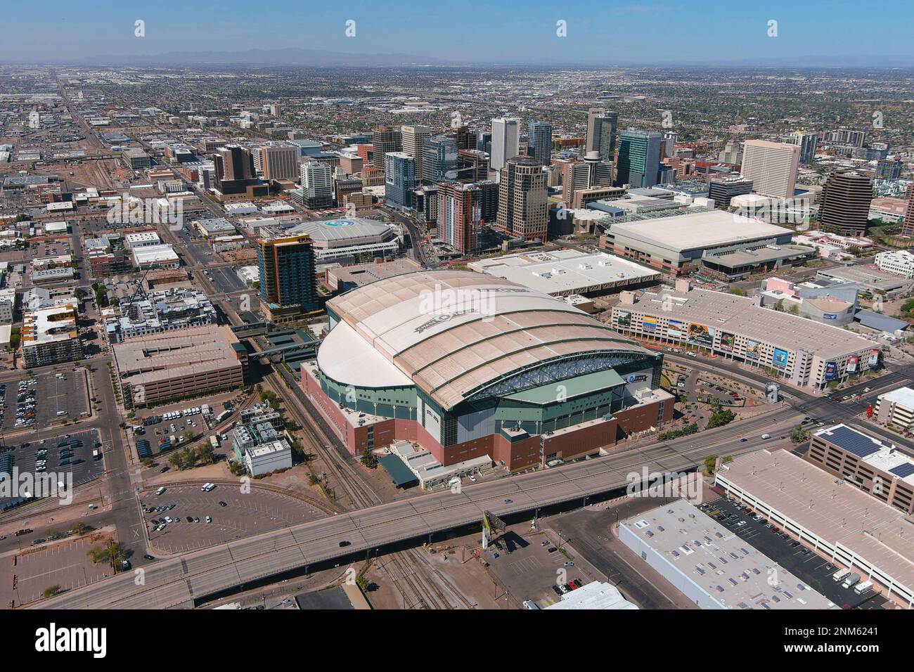 An aerial view of Chase Field and the downtown skyline, Tuesday, March ...