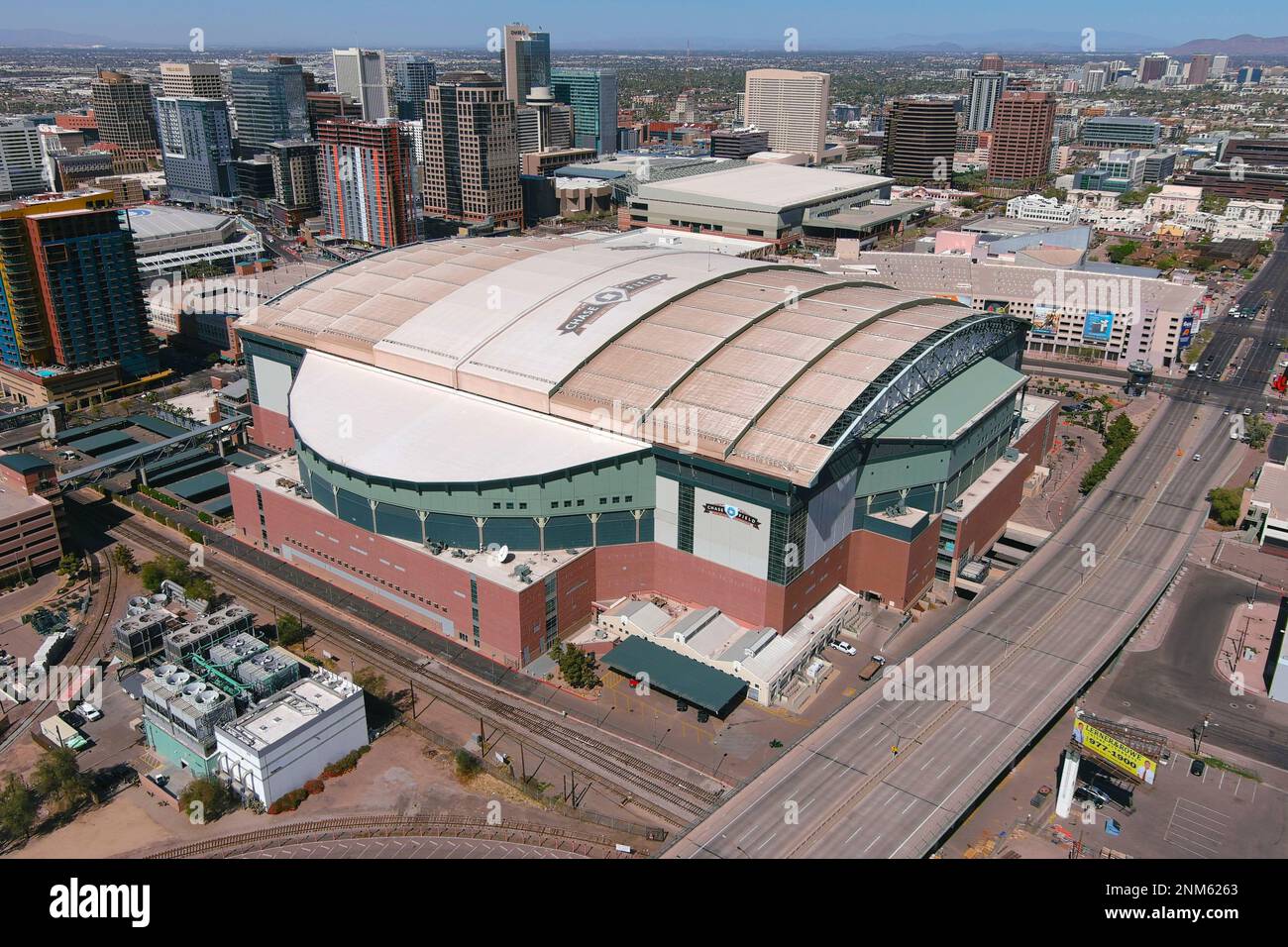 An aerial view of Chase Field and the downtown skyline, Tuesday, March ...
