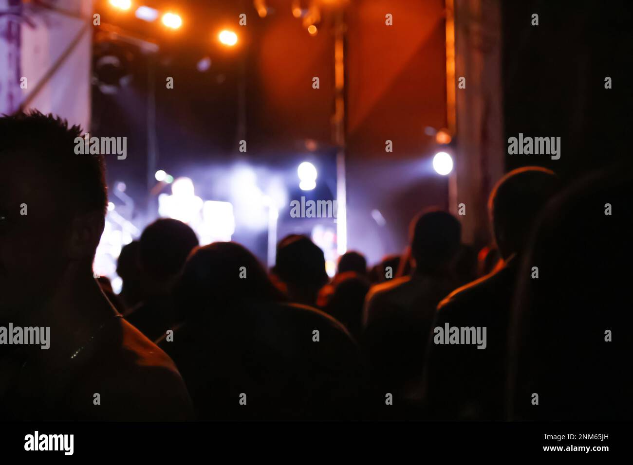 Crowd of man in concert or festival. Defocus cheering crowd and stage ...