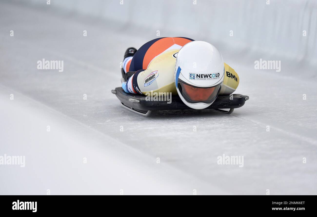 Kimberley Bos from the Netherlands competes in the Skeleton World Cup ...