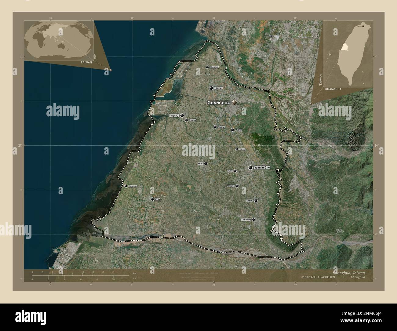 Changhua, county of Taiwan. High resolution satellite map. Locations ...