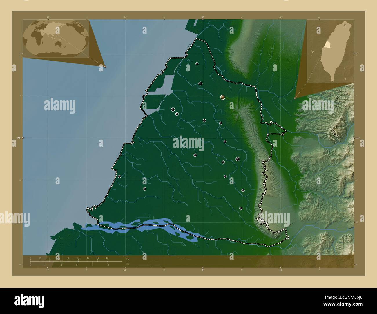 Changhua, county of Taiwan. Colored elevation map with lakes and rivers ...