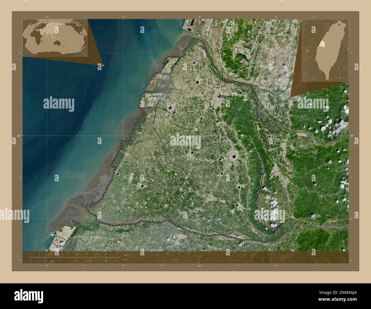 Changhua, county of Taiwan. Low resolution satellite map. Locations of ...