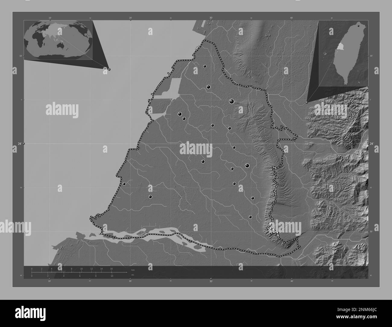 Changhua, county of Taiwan. Bilevel elevation map with lakes and rivers ...