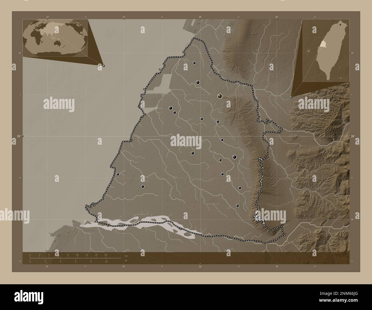 Changhua, county of Taiwan. Elevation map colored in sepia tones with ...
