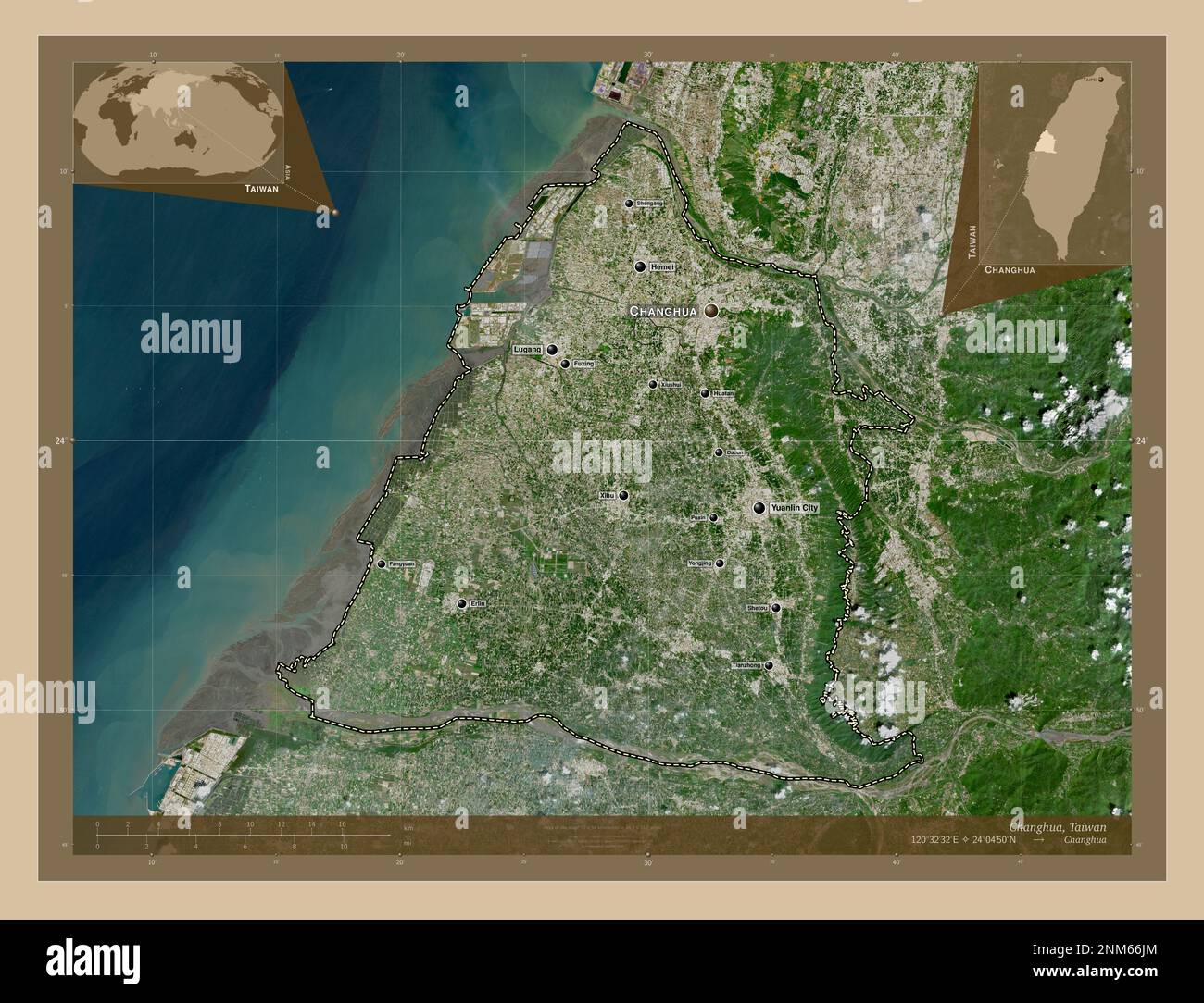 Changhua, county of Taiwan. Low resolution satellite map. Locations and ...