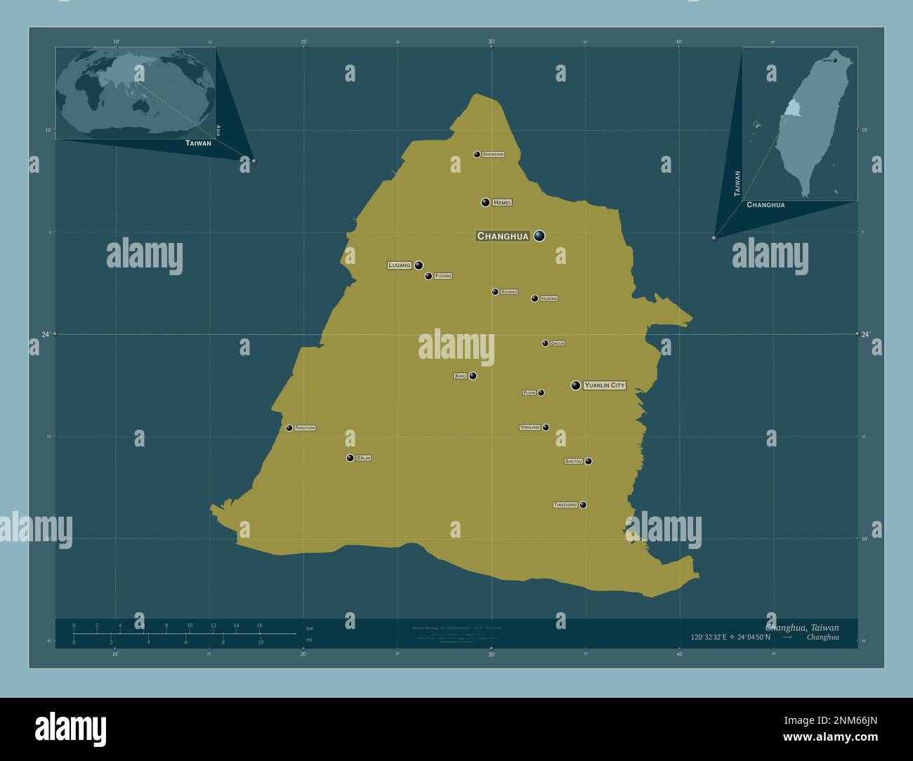 Changhua, county of Taiwan. Solid color shape. Locations and names of ...