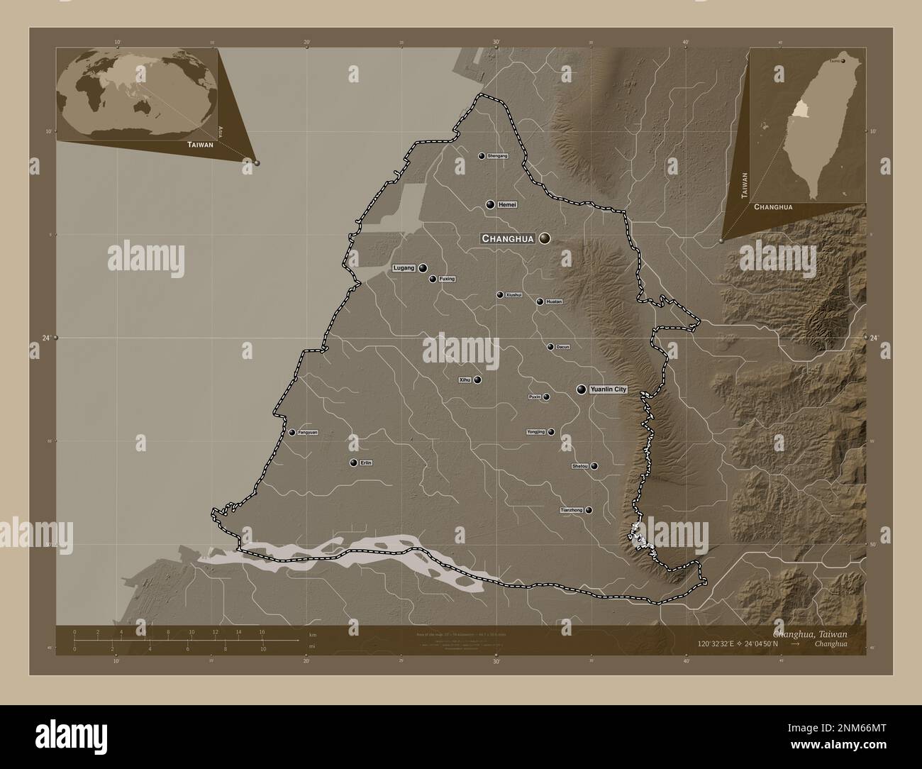 Changhua, county of Taiwan. Elevation map colored in sepia tones with ...