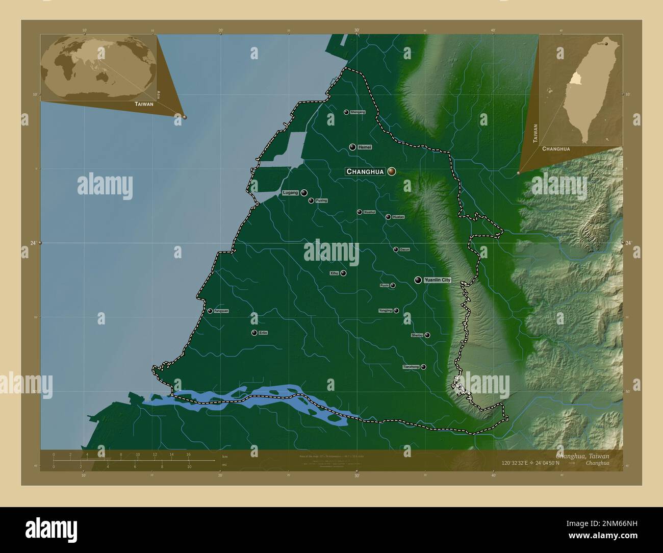 Changhua, county of Taiwan. Colored elevation map with lakes and rivers ...