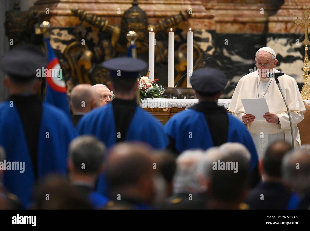 Pope Francis delivers his speech during an audience with members of the ...