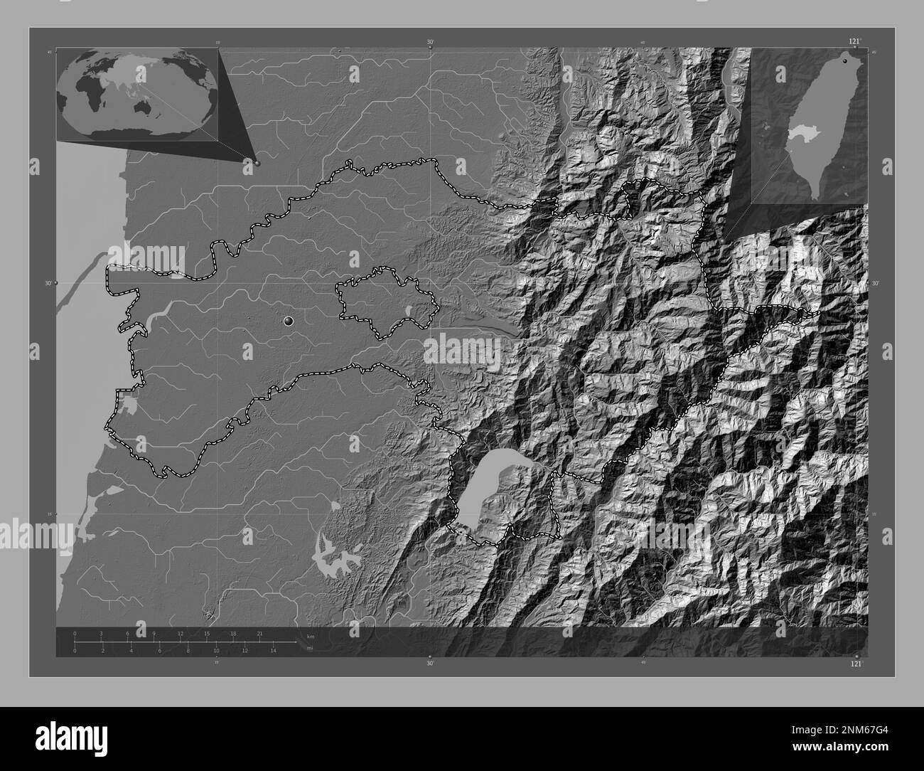 Chiayi, county of Taiwan. Bilevel elevation map with lakes and rivers ...