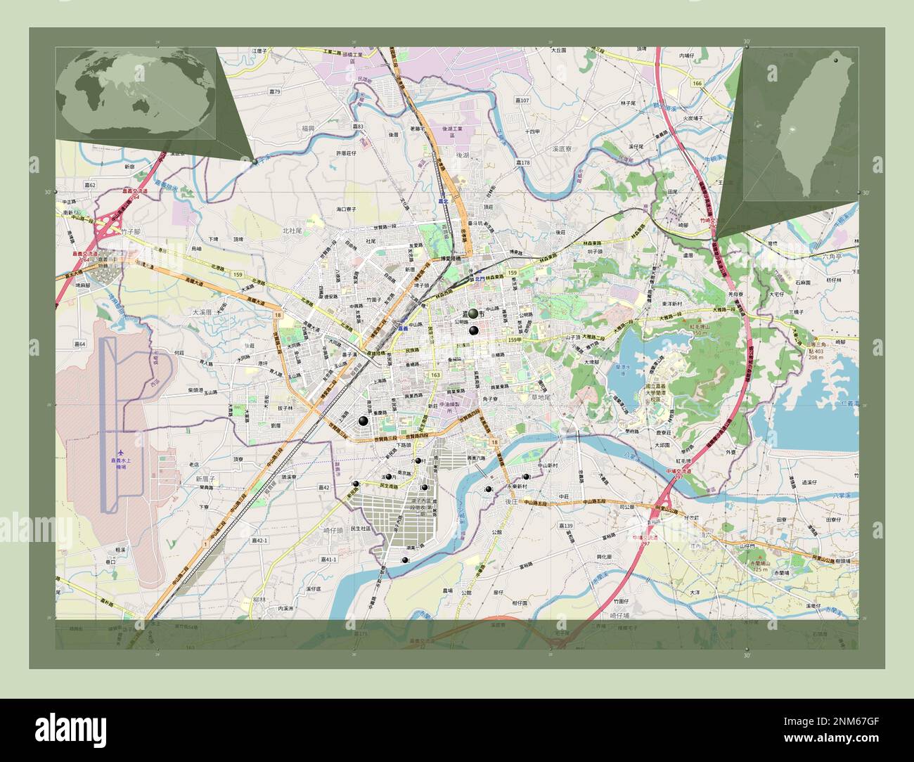 Chiayi City, county of Taiwan. Open Street Map. Locations of major ...