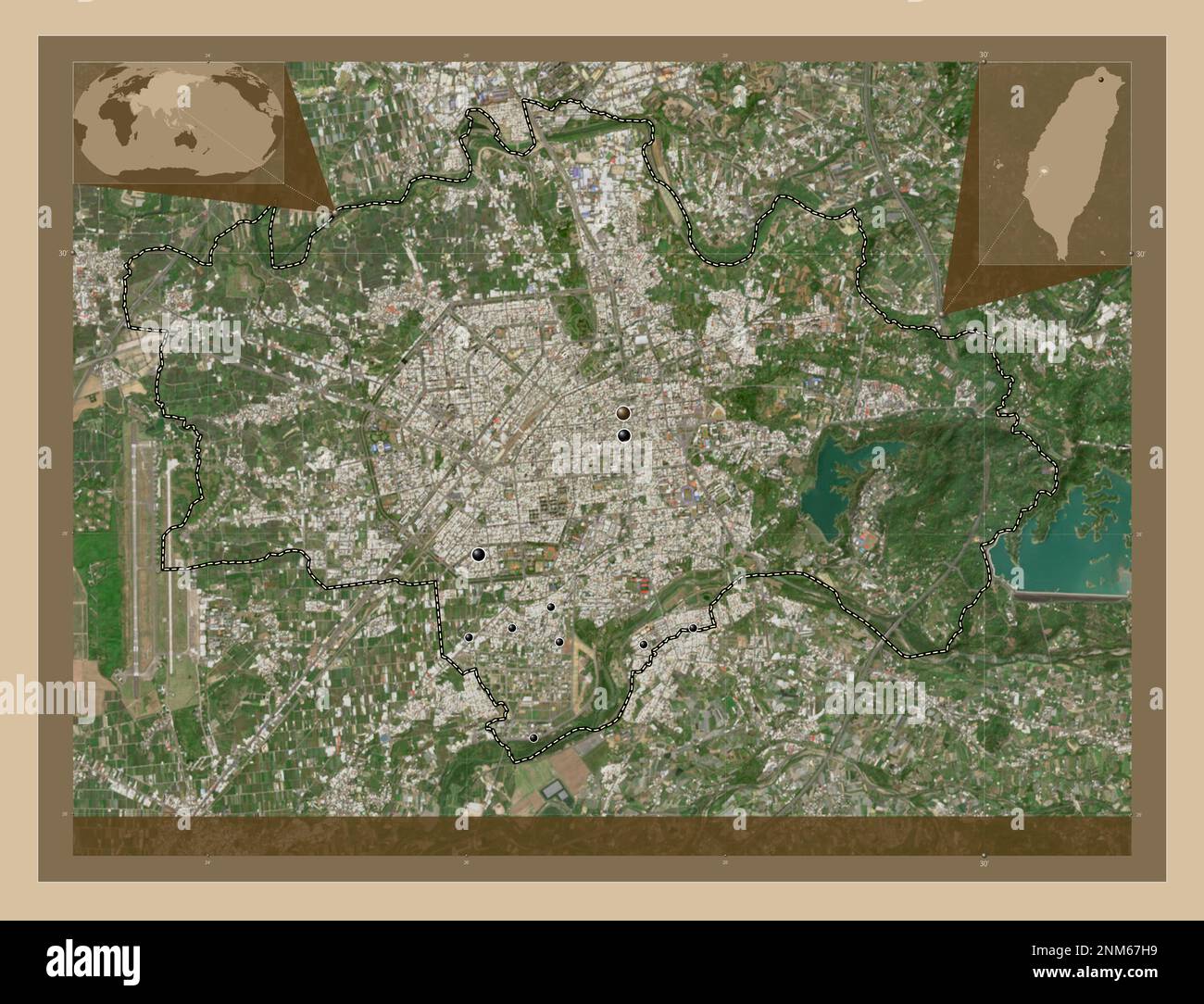 Chiayi City, county of Taiwan. Low resolution satellite map. Locations ...