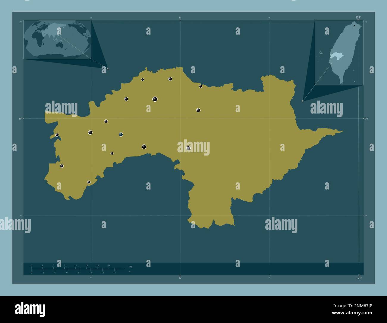 Chiayi, county of Taiwan. Solid color shape. Locations of major cities ...