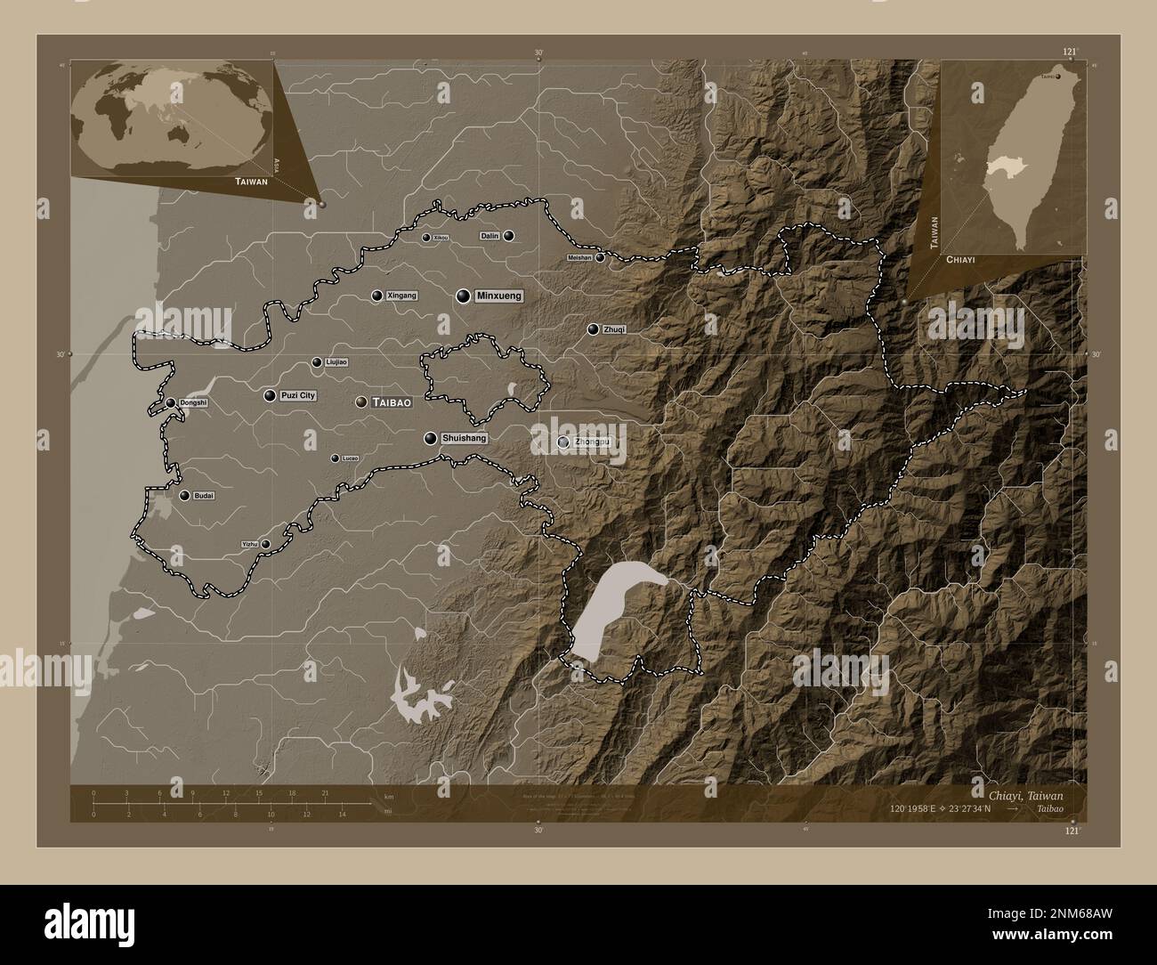 Chiayi, county of Taiwan. Elevation map colored in sepia tones with ...