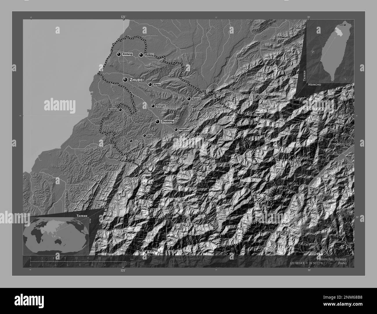 Hsinchu, county of Taiwan. Bilevel elevation map with lakes and rivers ...