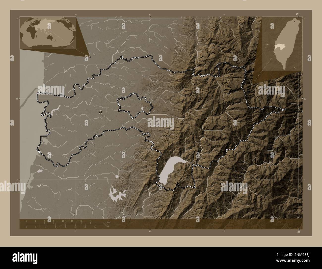 Chiayi, county of Taiwan. Elevation map colored in sepia tones with ...