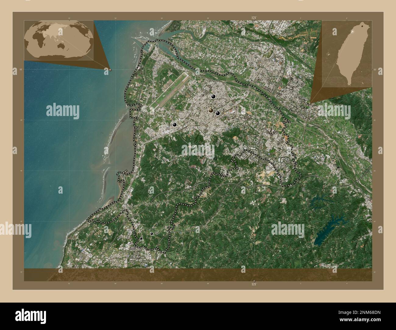 Hsinchu City, provincial city of Taiwan. Low resolution satellite map ...