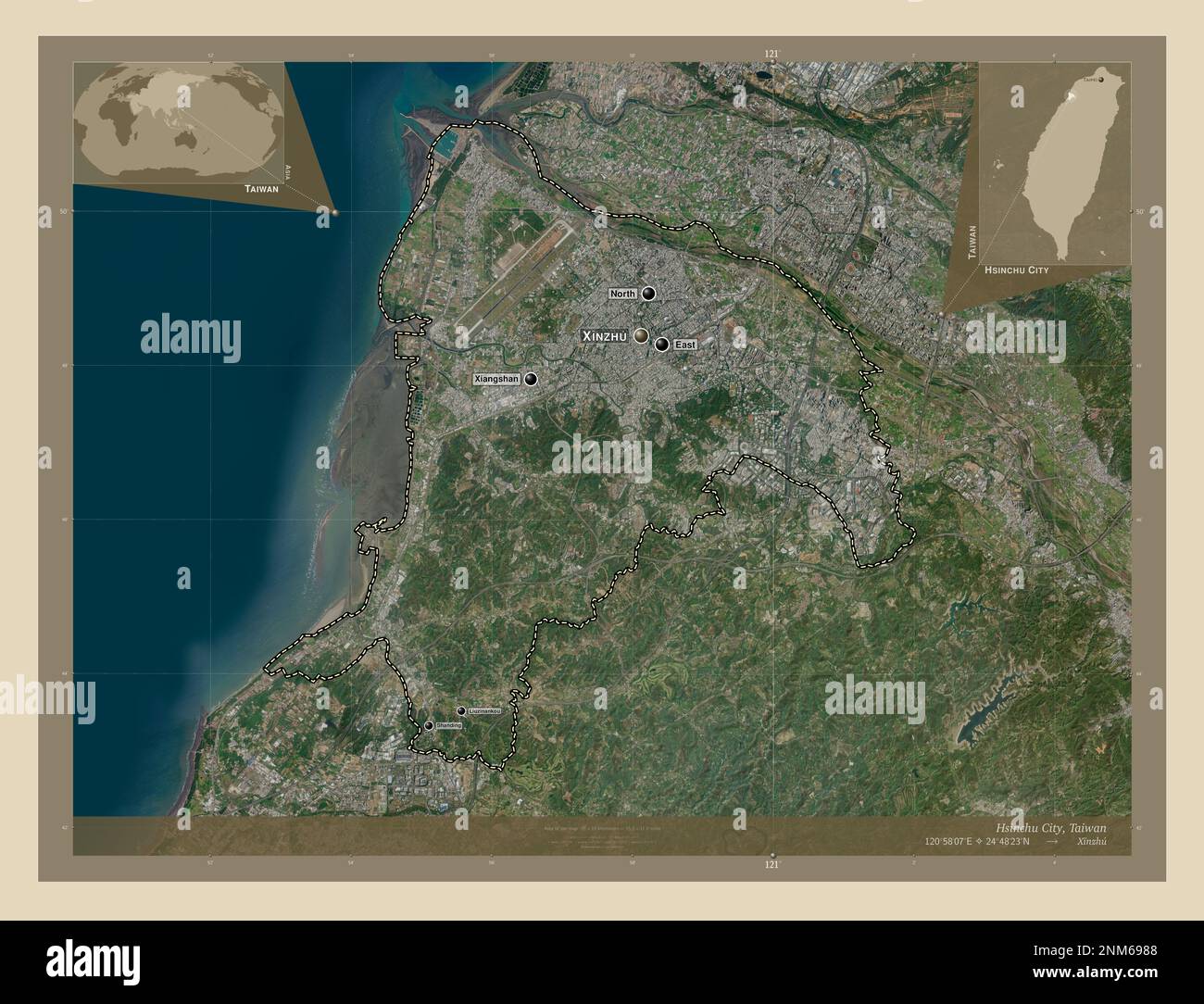Hsinchu City, provincial city of Taiwan. High resolution satellite map ...