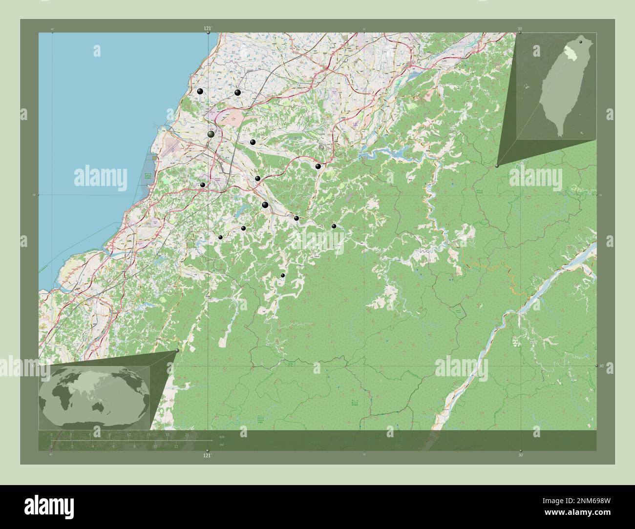 Hsinchu, county of Taiwan. Open Street Map. Locations of major cities ...
