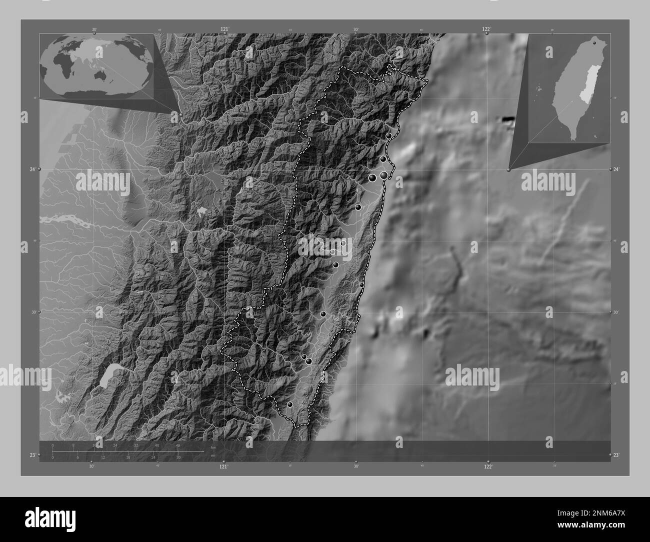 Hualien, county of Taiwan. Grayscale elevation map with lakes and ...