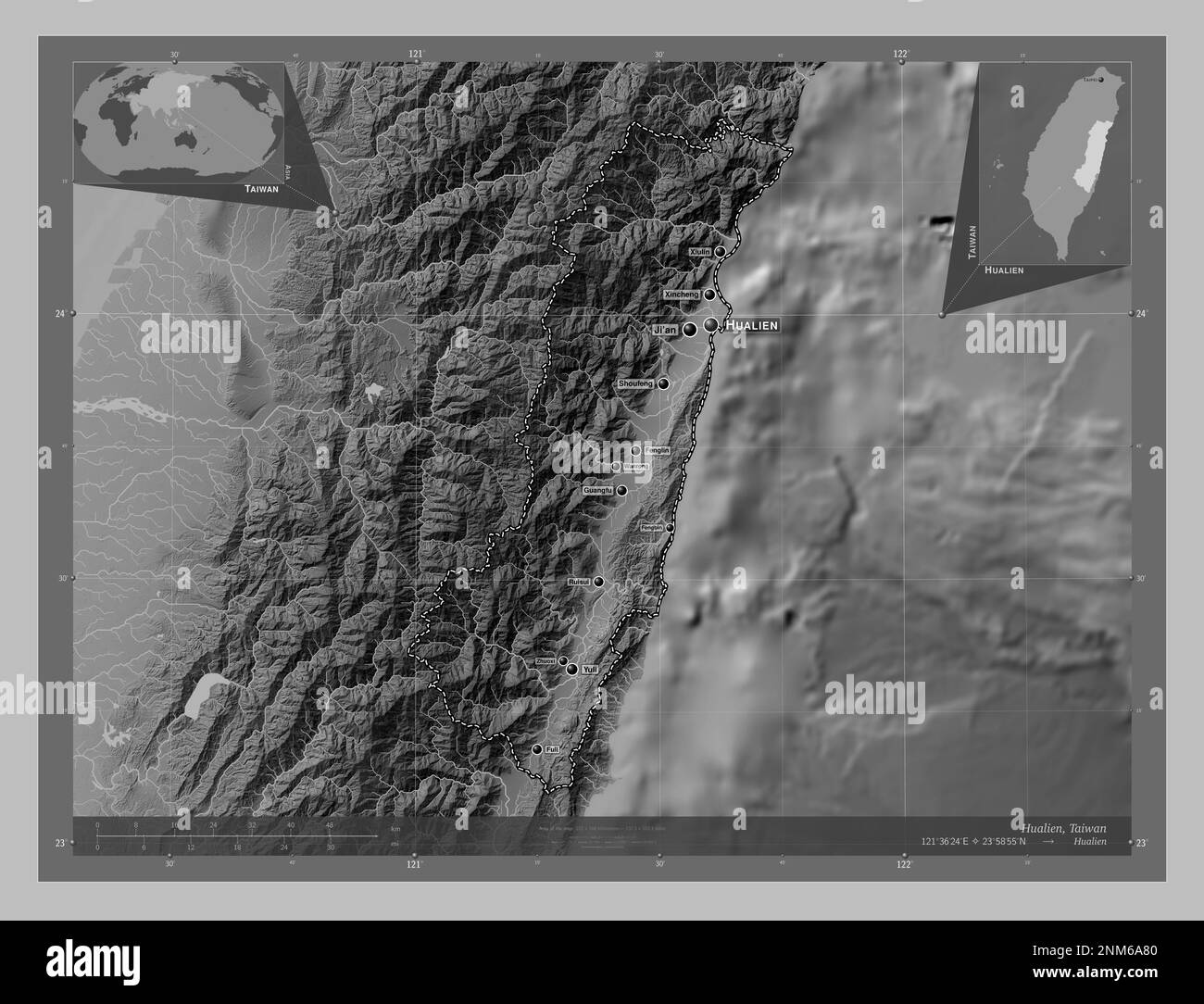 Hualien, county of Taiwan. Grayscale elevation map with lakes and ...