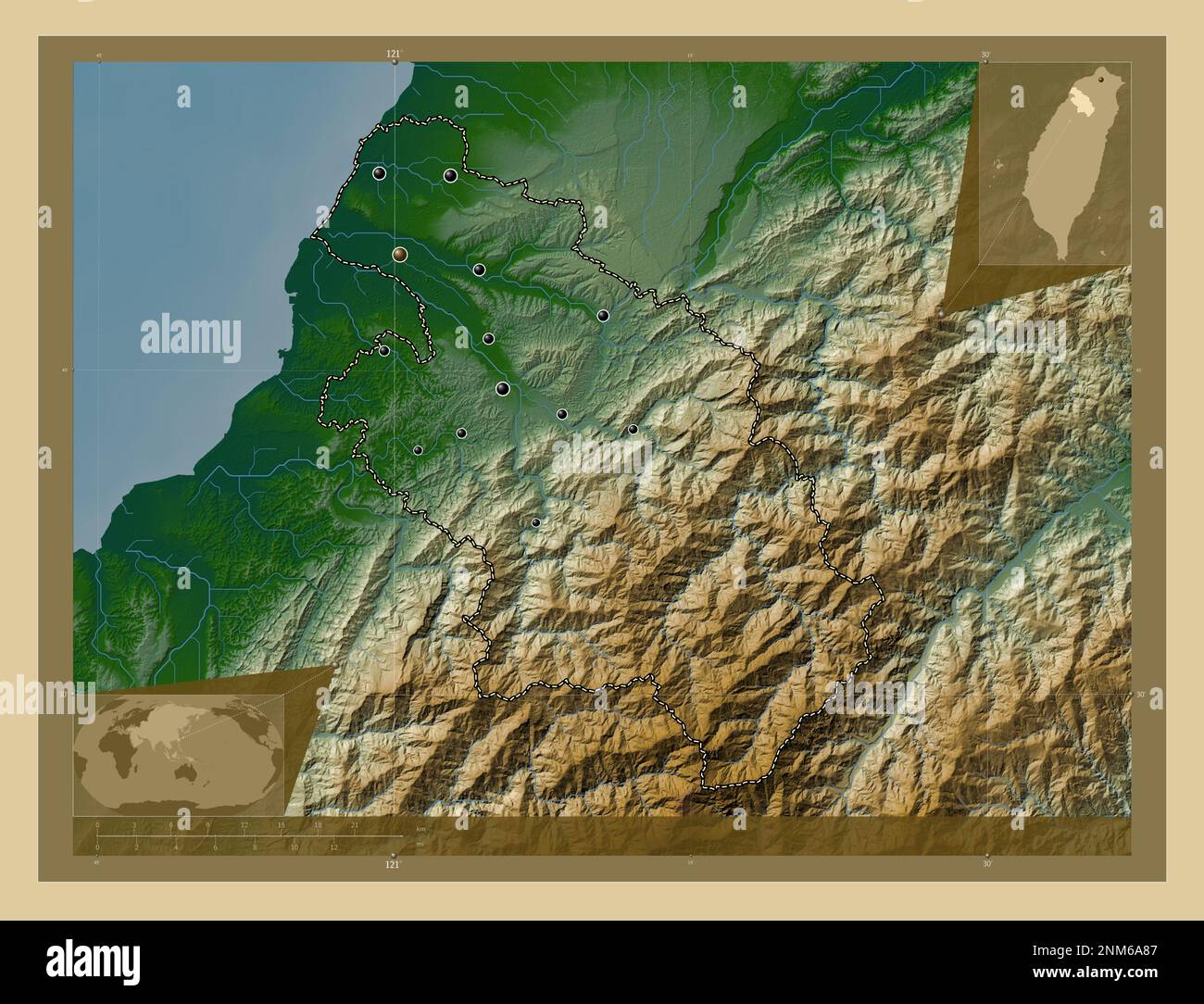 Hsinchu, county of Taiwan. Colored elevation map with lakes and rivers ...