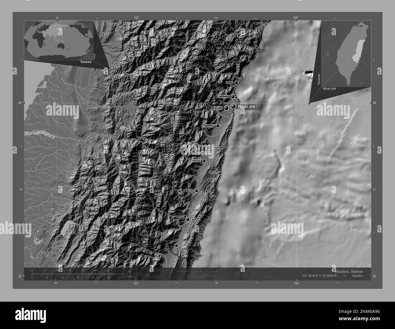 Hualien, county of Taiwan. Bilevel elevation map with lakes and rivers ...