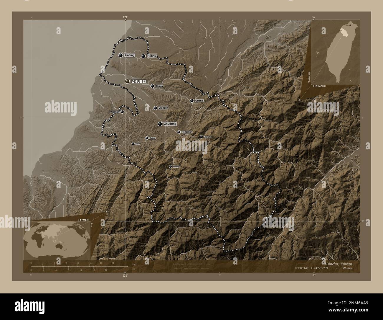 Hsinchu, county of Taiwan. Elevation map colored in sepia tones with ...