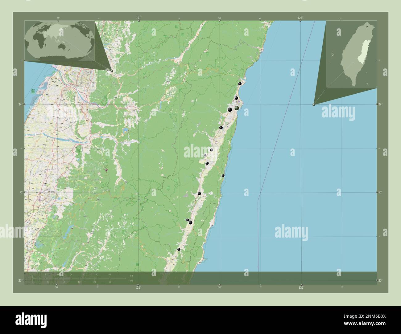 Hualien, county of Taiwan. Open Street Map. Locations of major cities ...