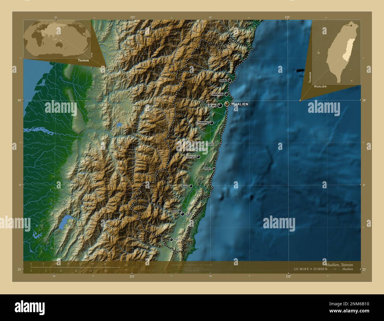 Hualien, county of Taiwan. Colored elevation map with lakes and rivers ...