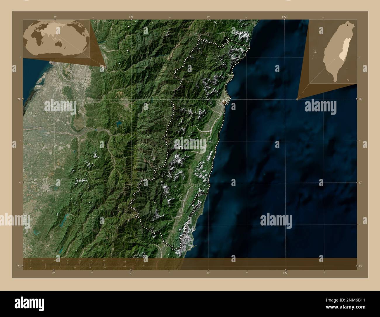 Hualien, county of Taiwan. Low resolution satellite map. Corner ...