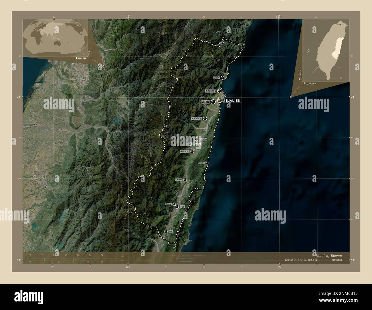 Hualien, county of Taiwan. High resolution satellite map. Locations and ...